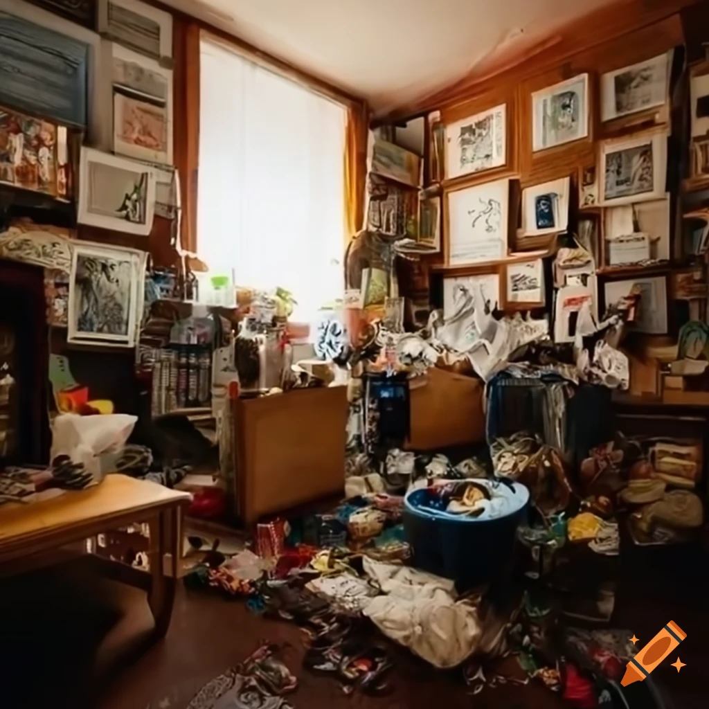 Organized room filled with trinkets, paintings, and cozy furniture with cats on Craiyon