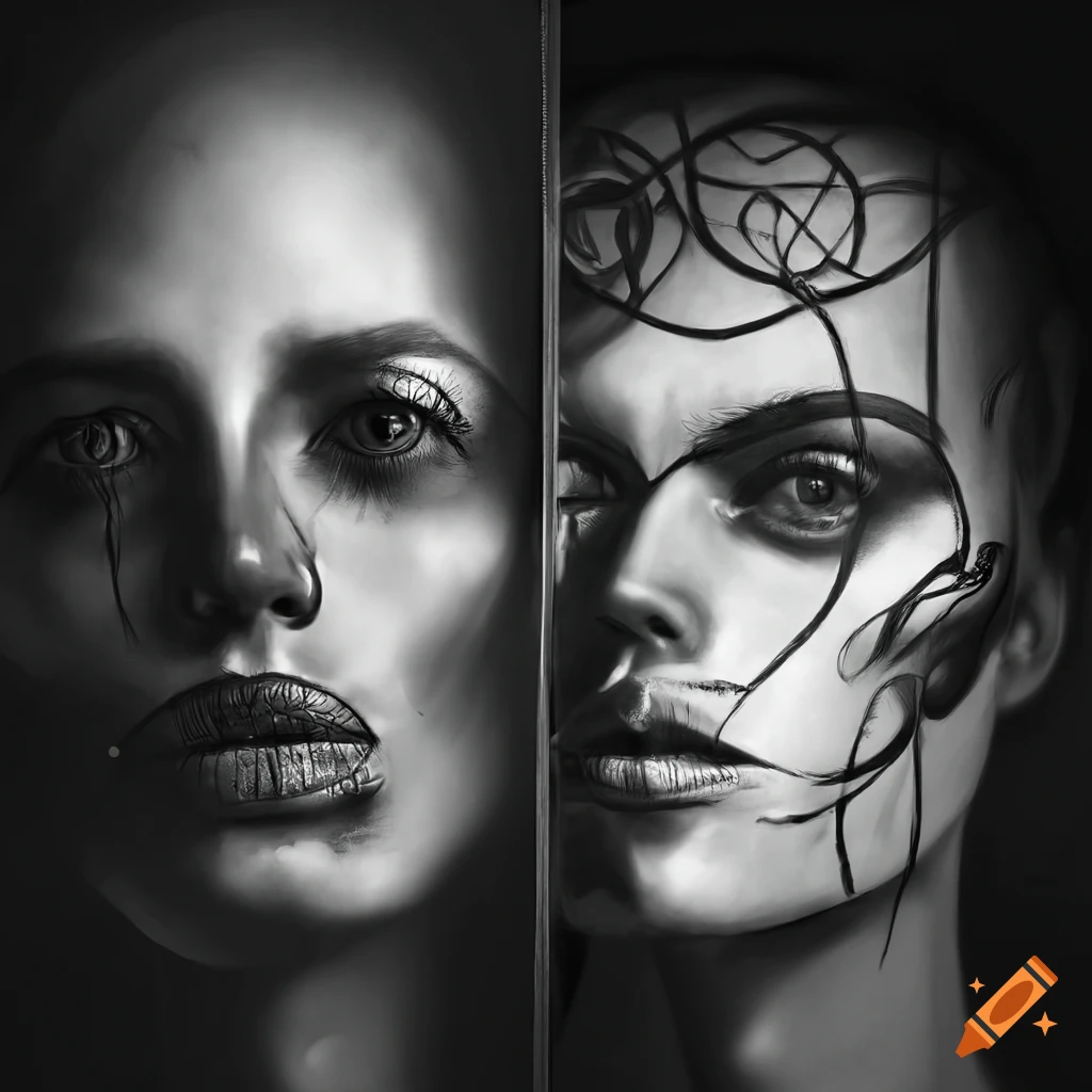 Tetraptych of unique black-and-white portraits with mystical symbolism ...