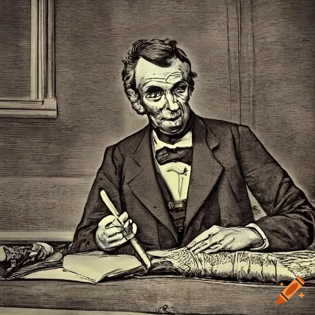 Abraham Lincoln signing the 13th Amendment with a quill pen in comic ...