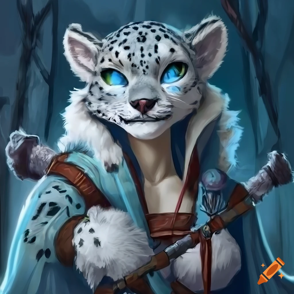 Fantasy snow leopard tabaxi female character with blue eyes and monk ...