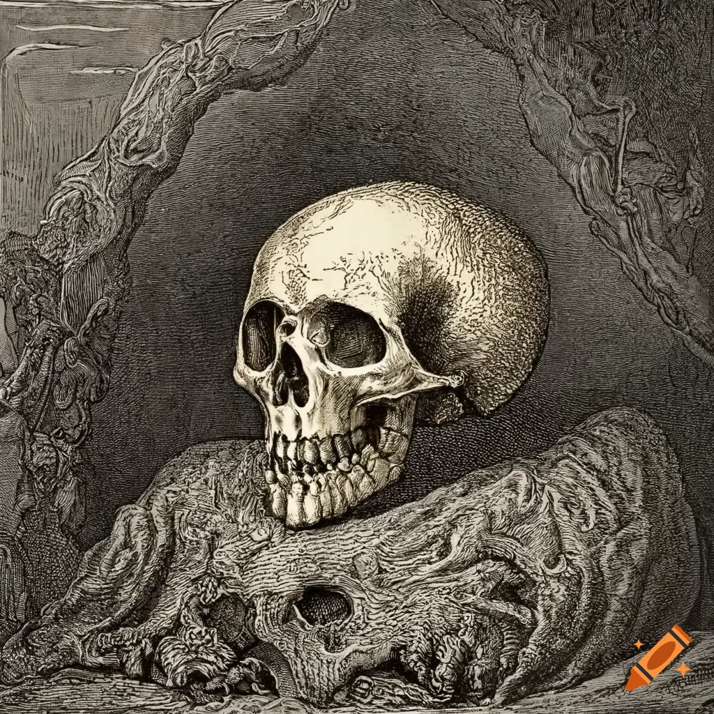 Decayed skull in the style of gustave dore engraving on Craiyon