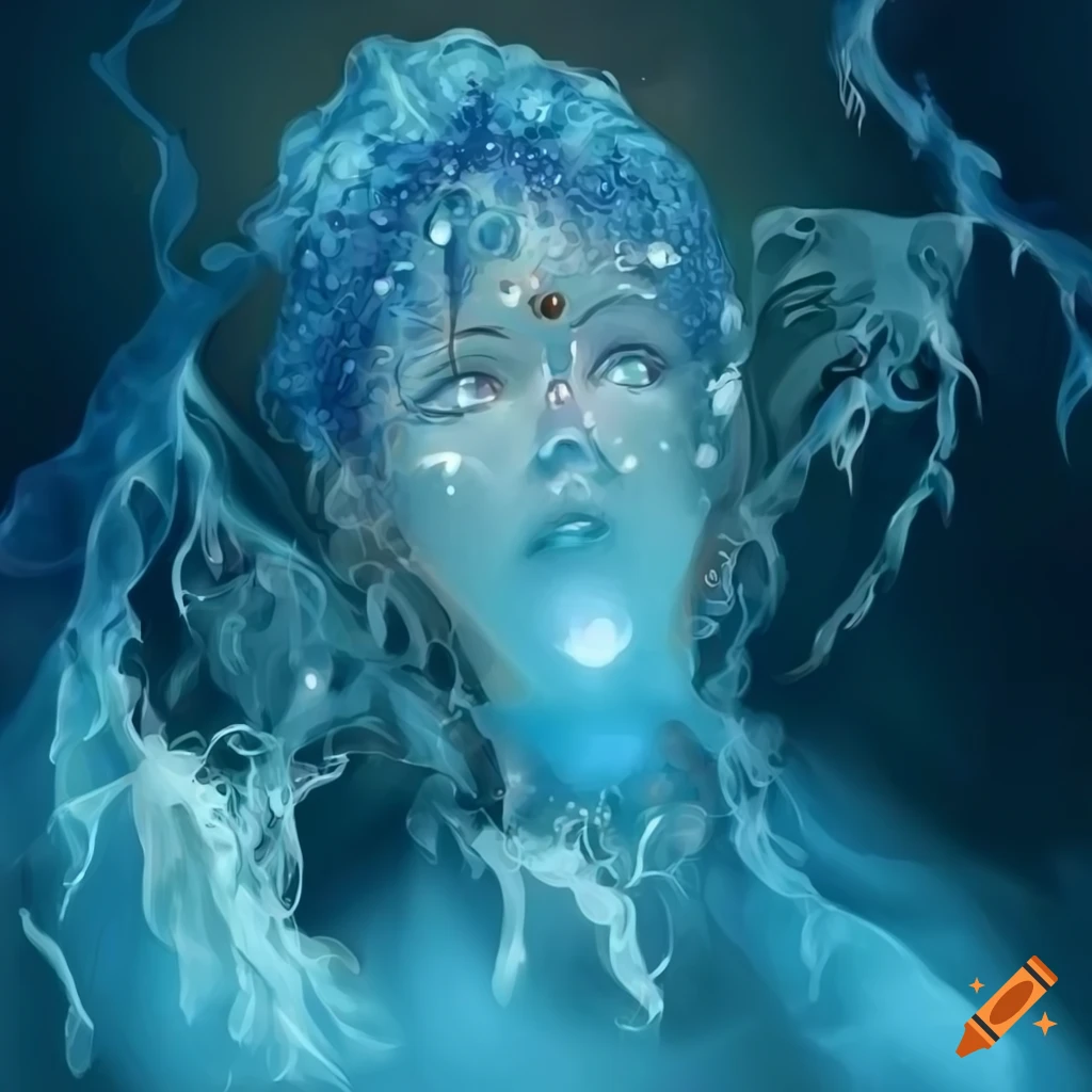 Ethereal water elemental with flower pupils and blue hair in a fantasy ...