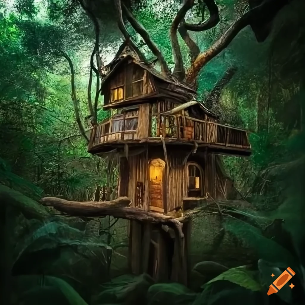 Tree house in a deep jungle with a resident monkey family on Craiyon