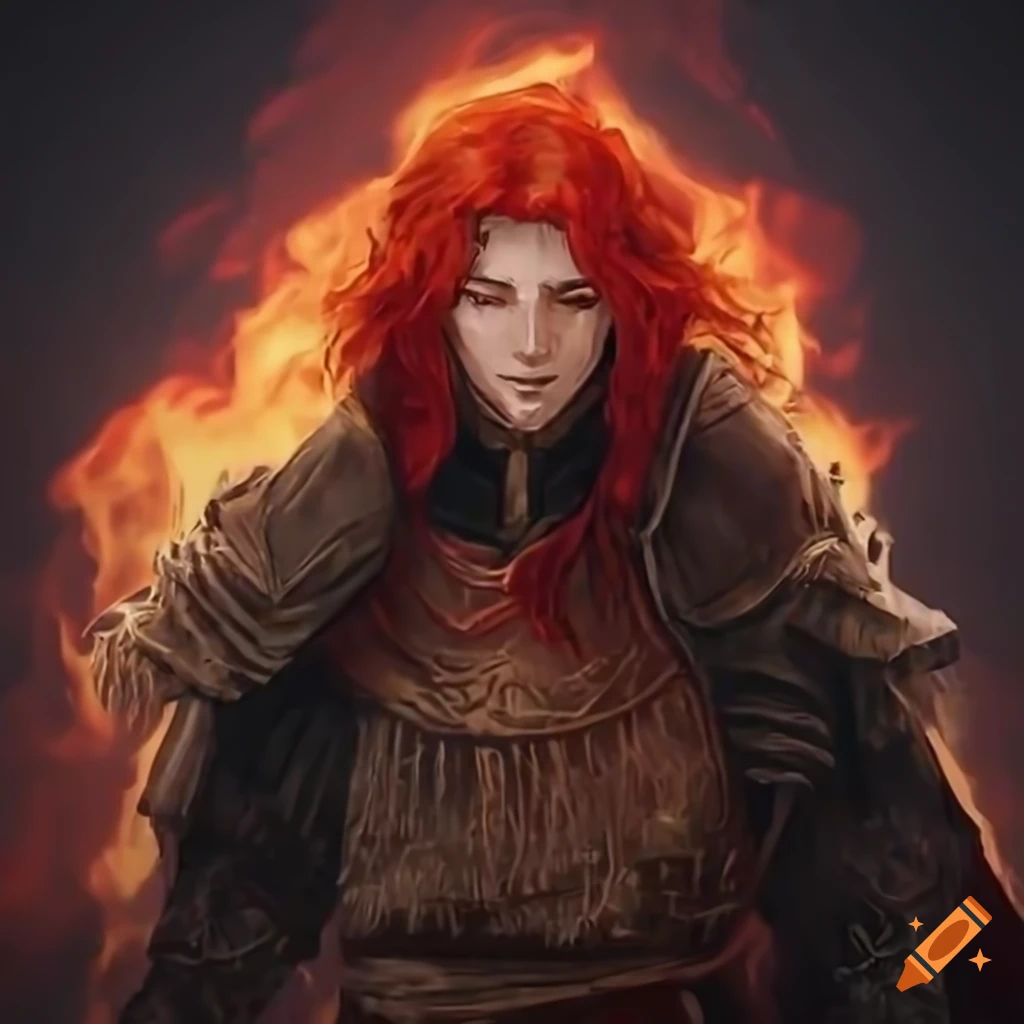 Young male warrior priest with red flowing hair in an ominous landscape ...