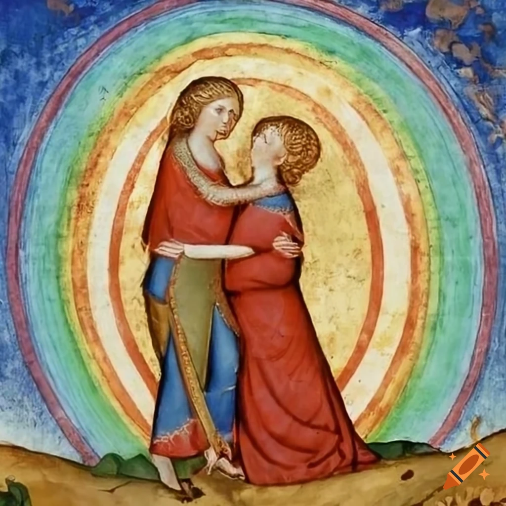 Medieval painting of two lovers embracing under a rainbow on Craiyon