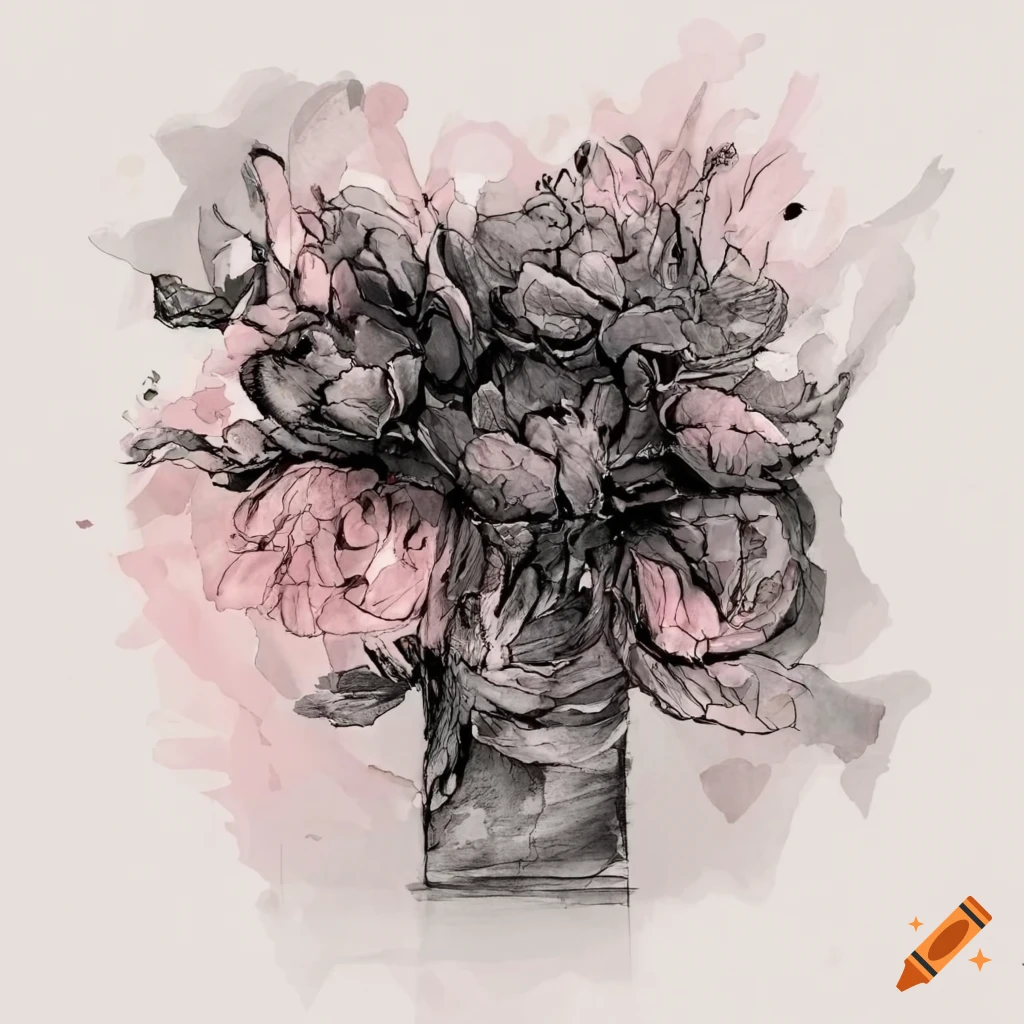 Abstract geometric bouquet of peony flowers in black ink pen style with ...