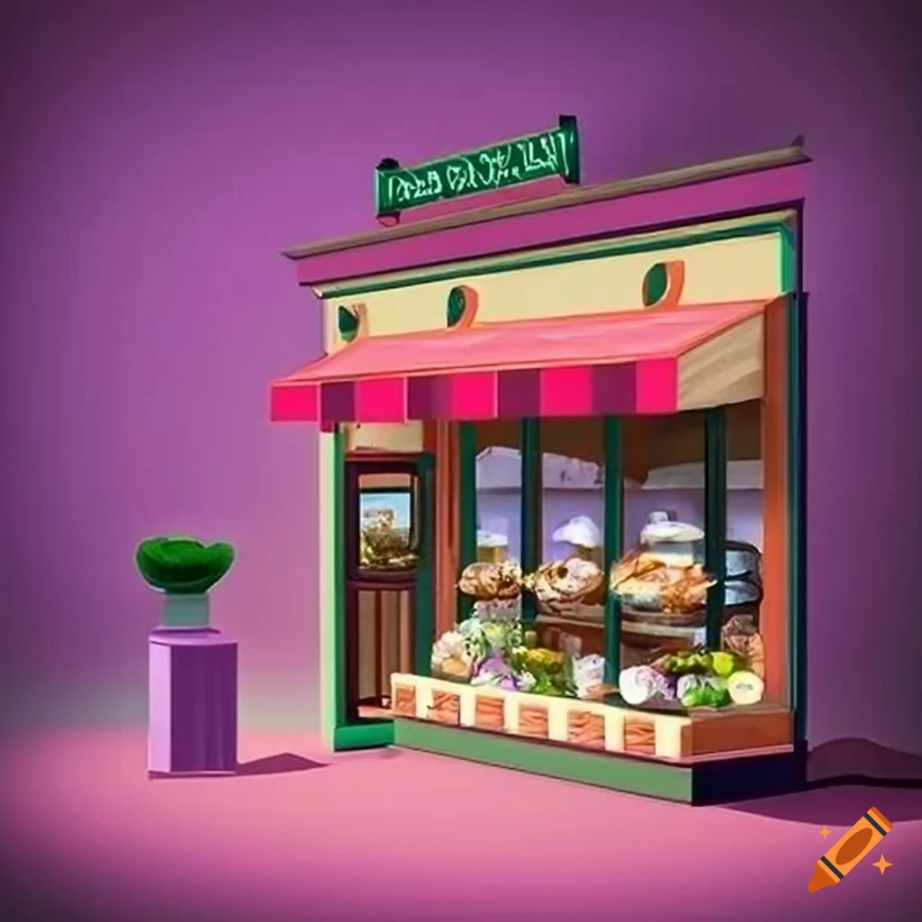 Two-story shop with flower shop and bakery café in lavender colors on ...