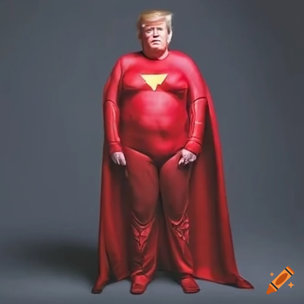 Caricature of a fat Donald Trump in superhero costume on Craiyon