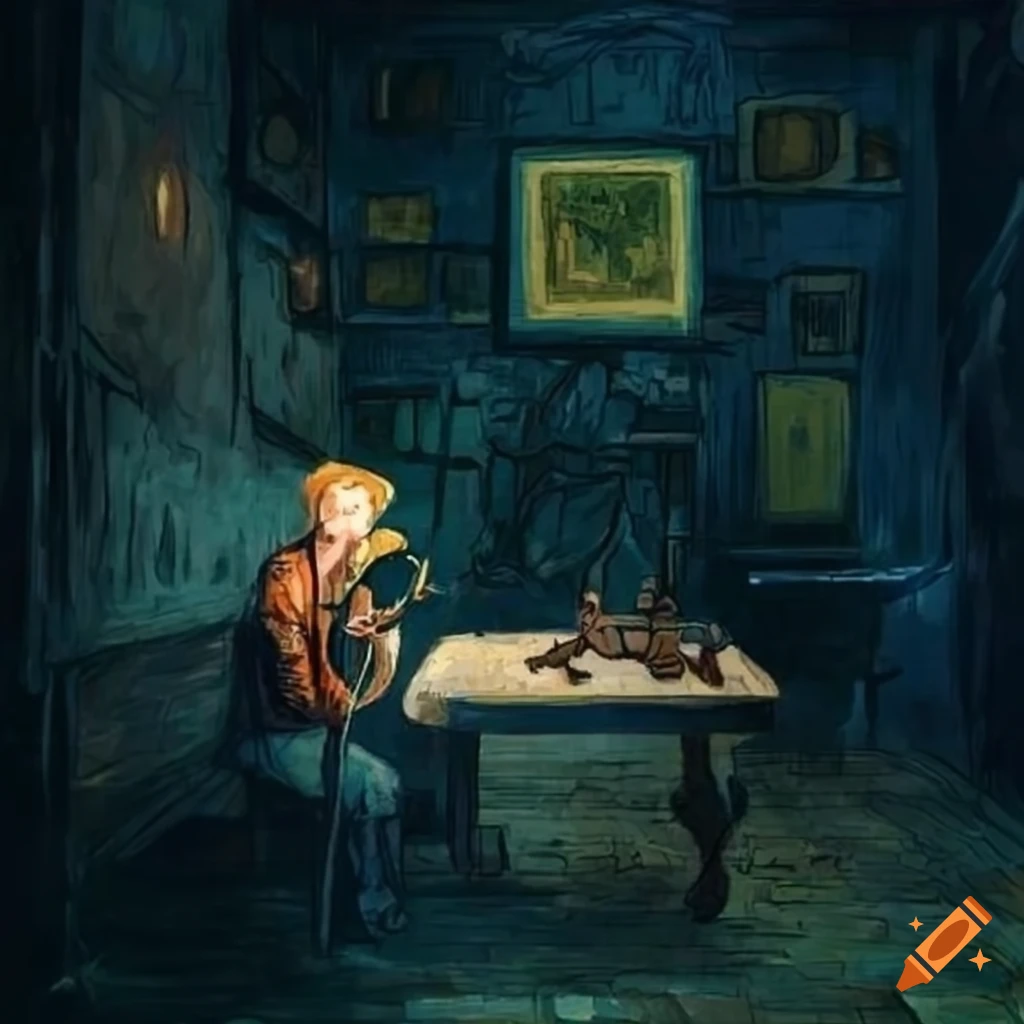 Musician in a dark room depicted in an ancient Van Gogh style painting ...