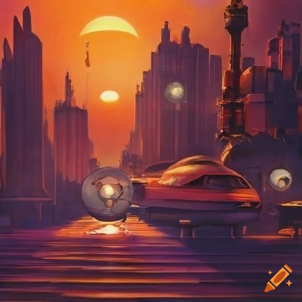 Beautiful sunset at the spaceport station in 70's sci-fi art style on Craiyon