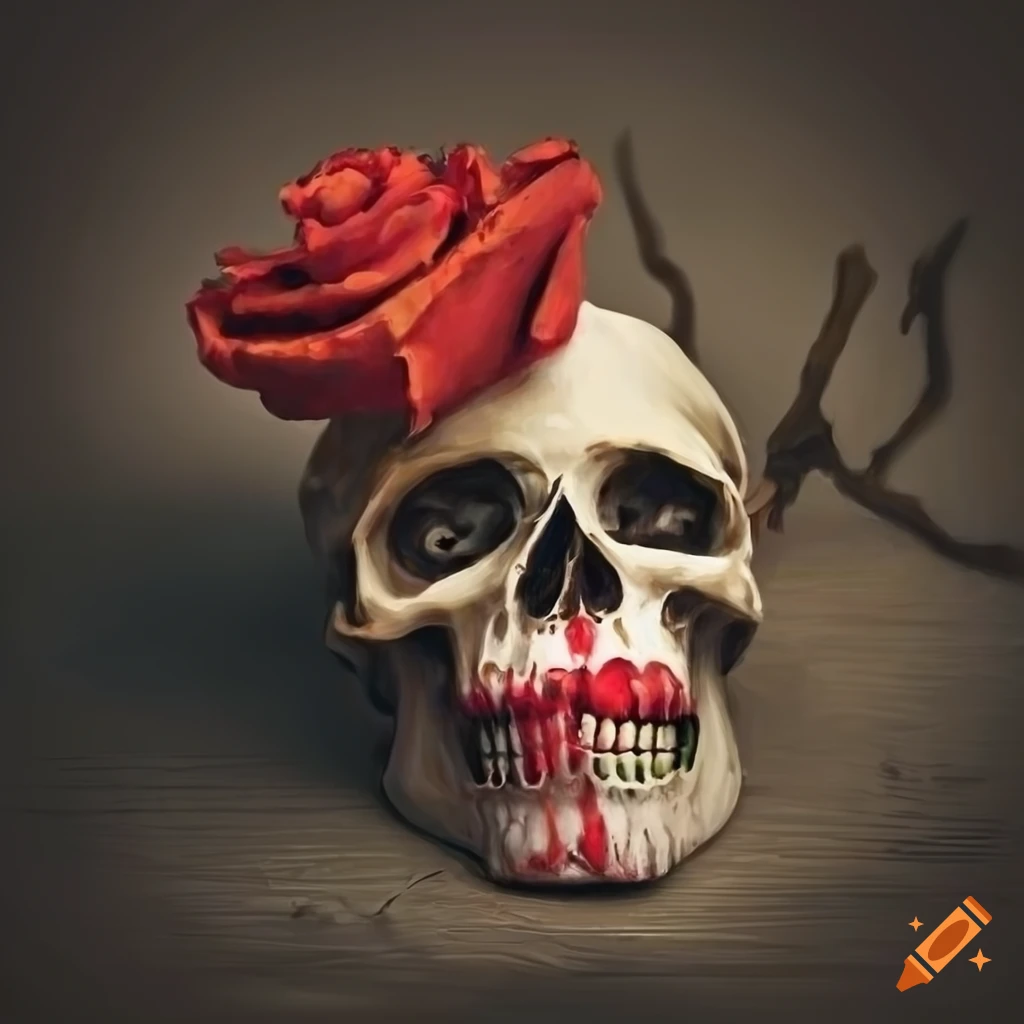 Macabre still life with skull holding wilted rose and red tears on Craiyon