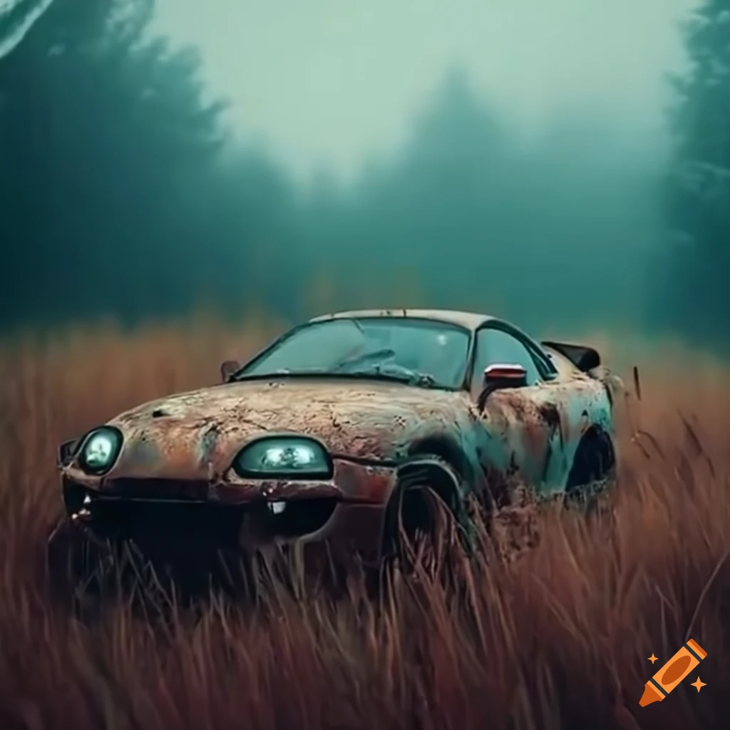 Rusted abandoned Toyota Supra in the rain on long grass with a person ...
