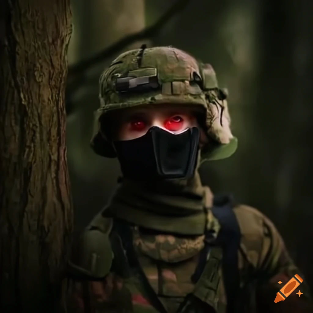 Soldier in forest with red eyes staring at camera at night on Craiyon