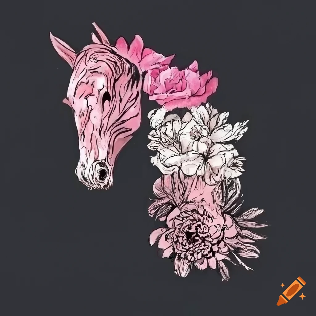 Abstract sketch of rodeo horse, peony flowers, fire, and water in Zao ...