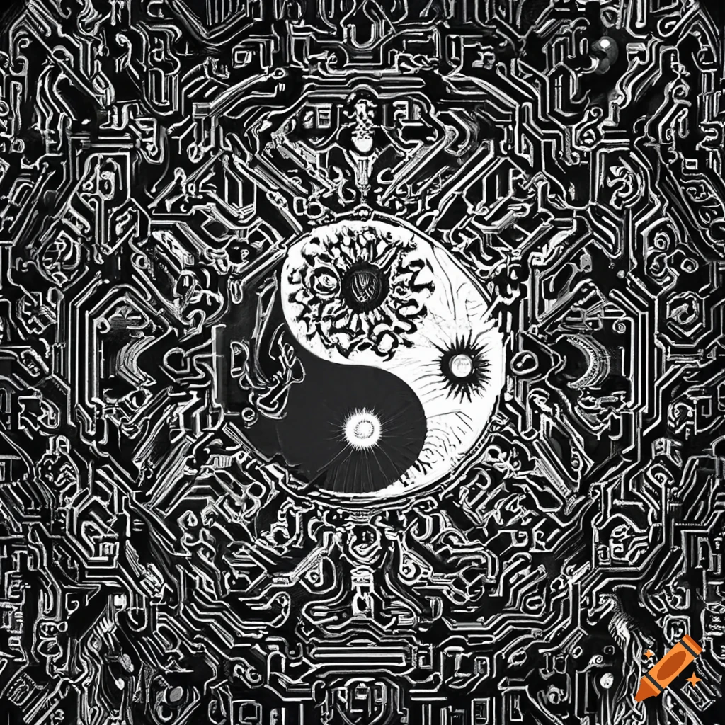 Yin-yang tree of life with circuit branches merging ancient symbolism with technology on Craiyon