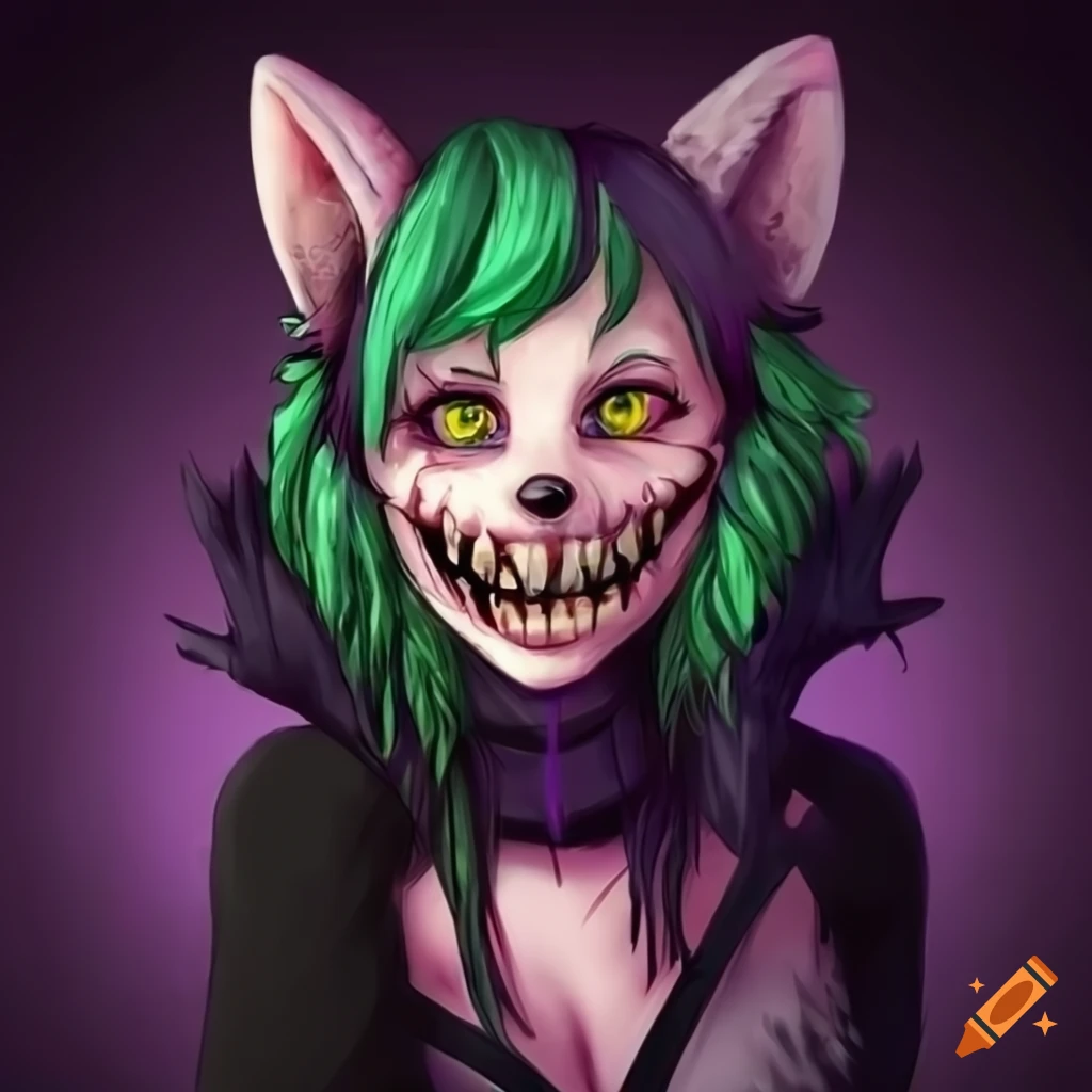 Furry girl with black fur, yellow eyes, and green hair smiling with ...