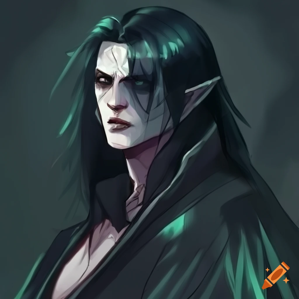 Male vampire with long black hair and a cloak, looking tired on Craiyon