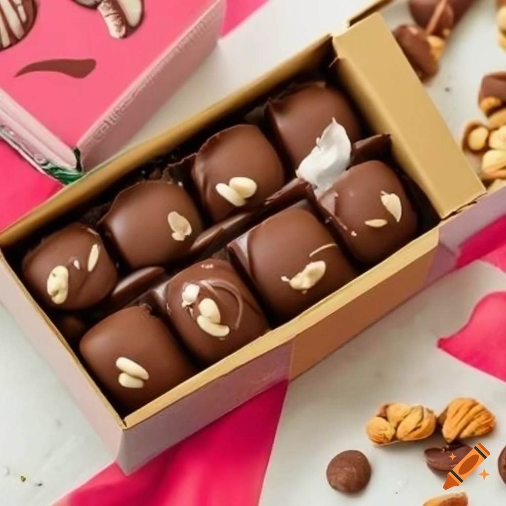 Box of scrumptious pralines filled with chocolate and nuts on Craiyon