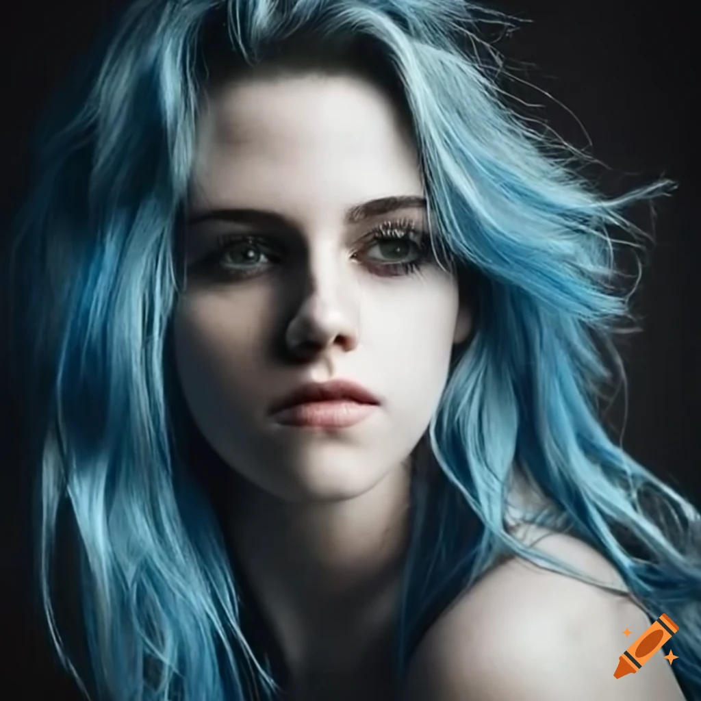 Woman with messy wavy blue hair and unique facial features on Craiyon