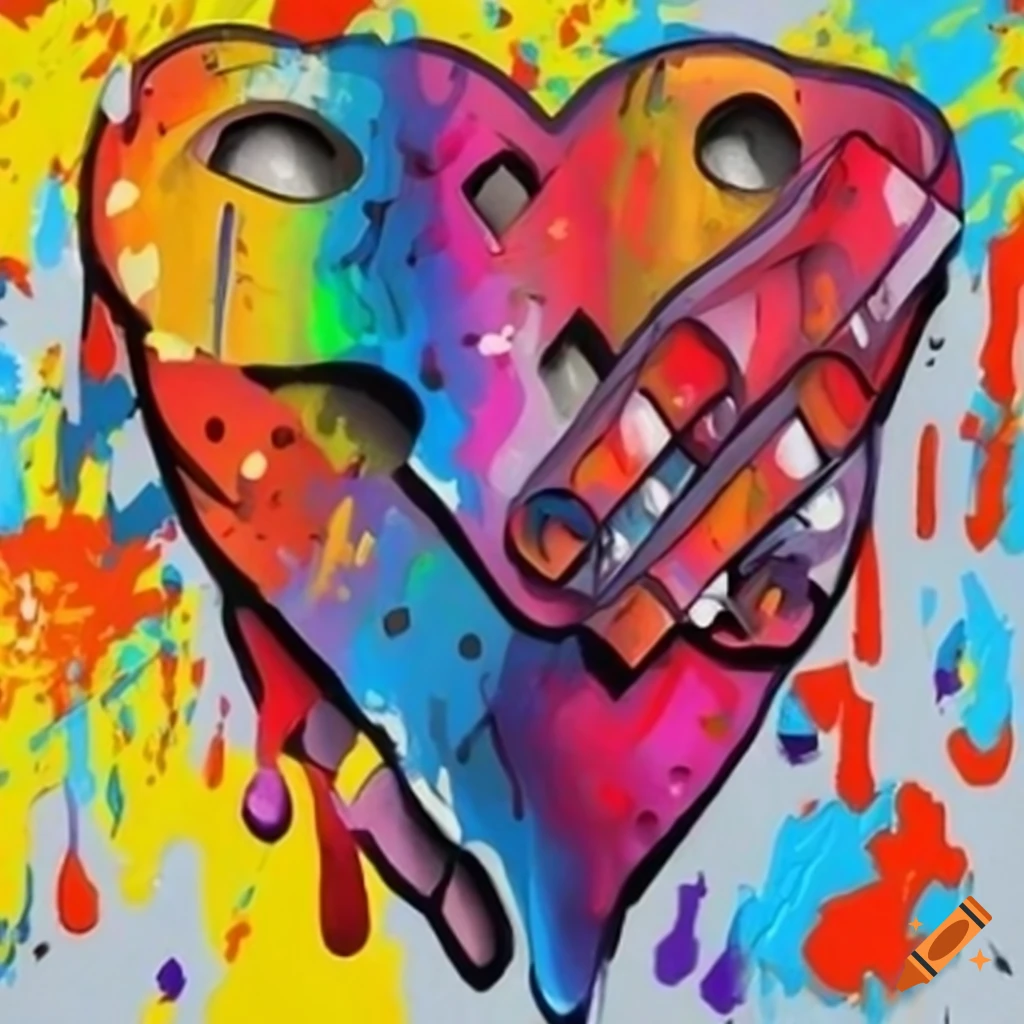 Cubist stellar heart fist meteor palette knife oil splatter graffiti ...