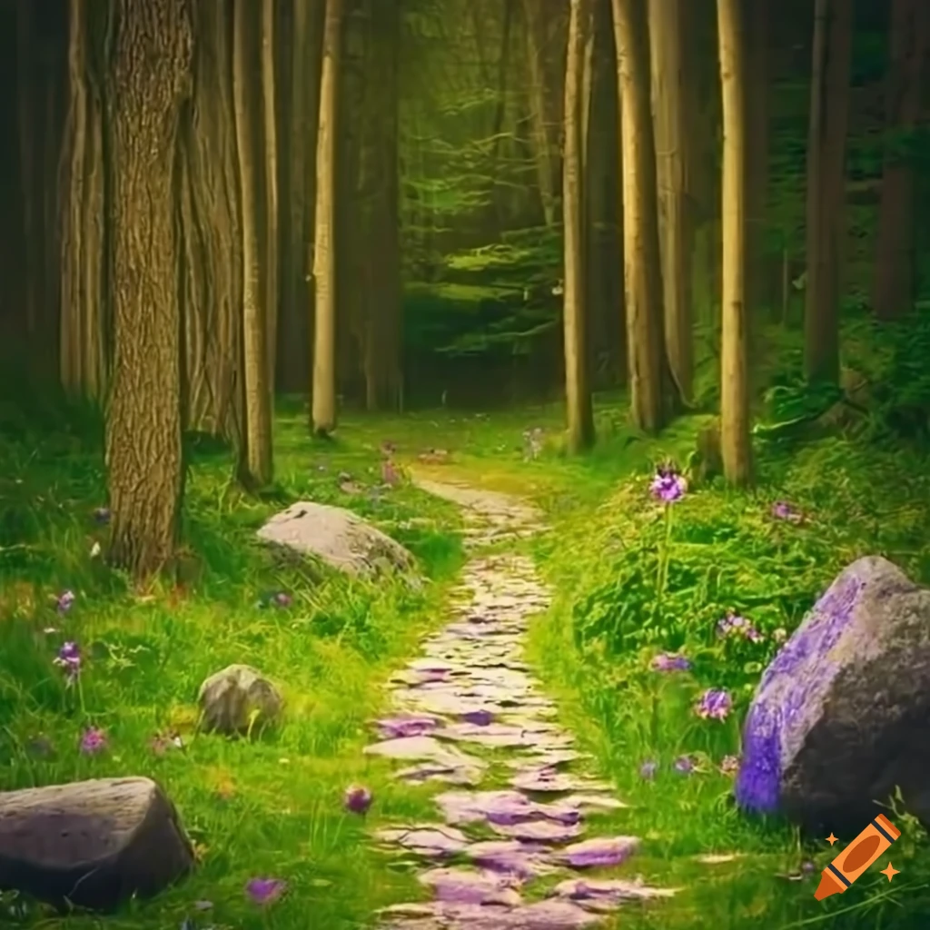 Stone path through flower meadow leading into forest in daylight on Craiyon