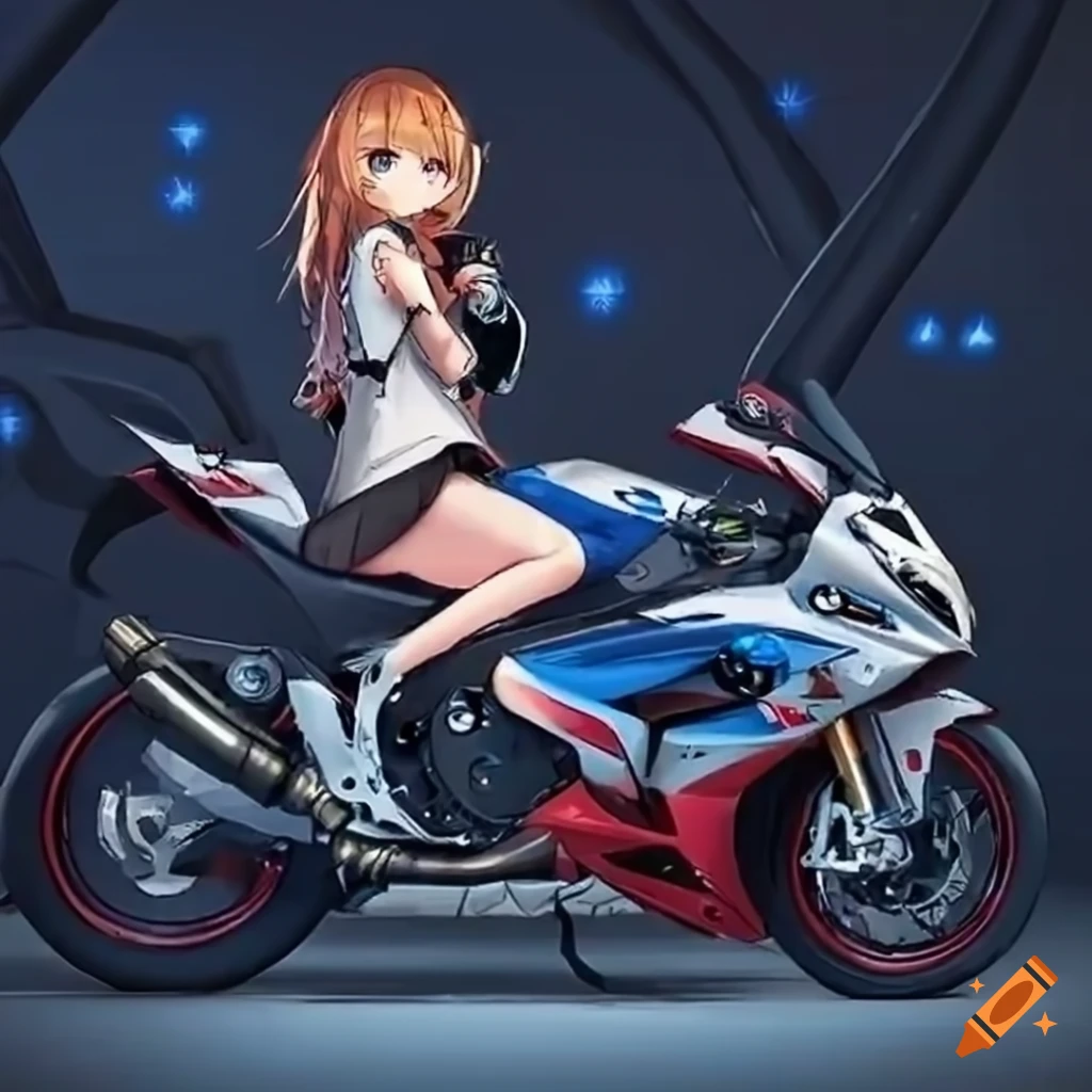 Anime girl riding a BMW S1000RR on Craiyon