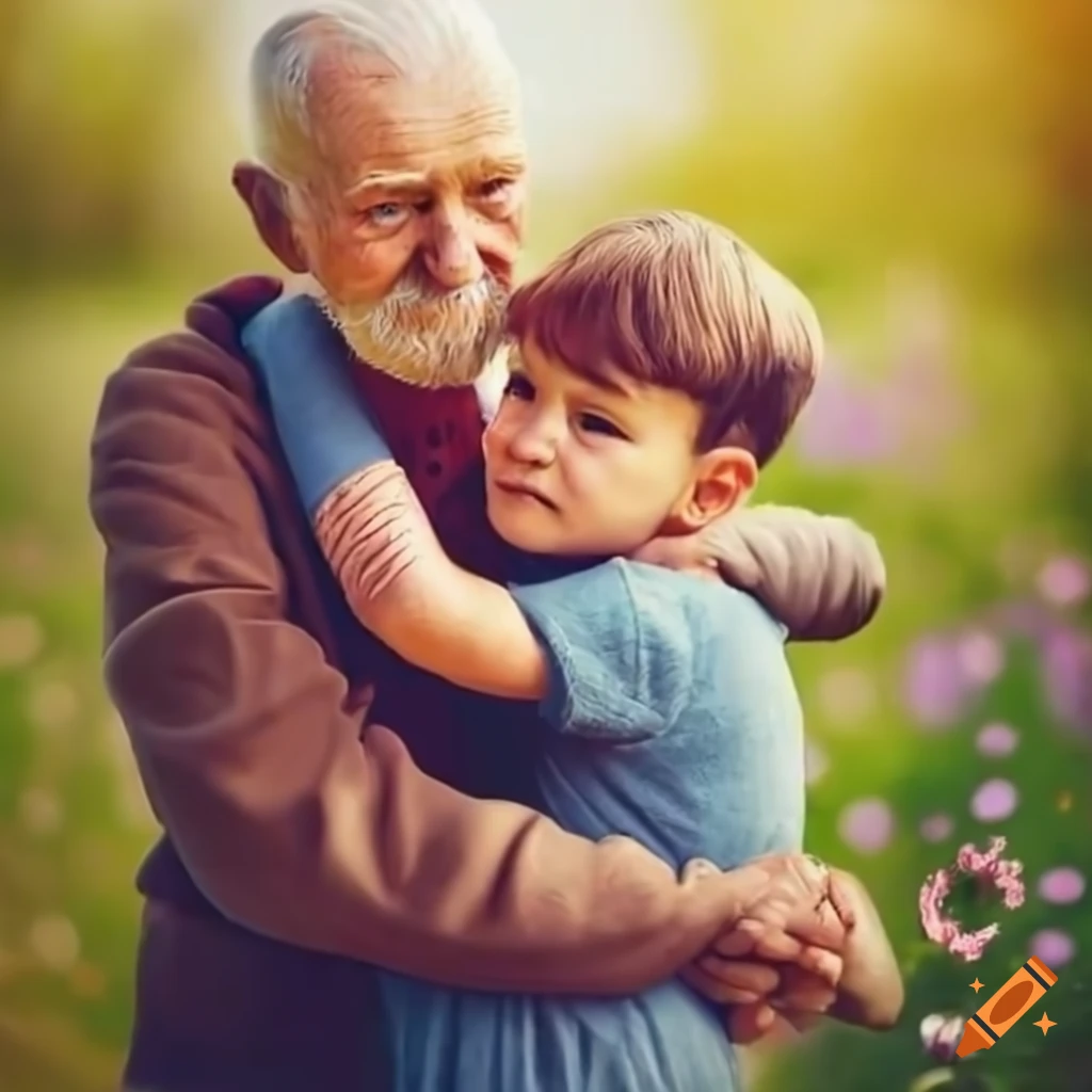 Elderly father hugging his son in a flowery grove illustration on Craiyon