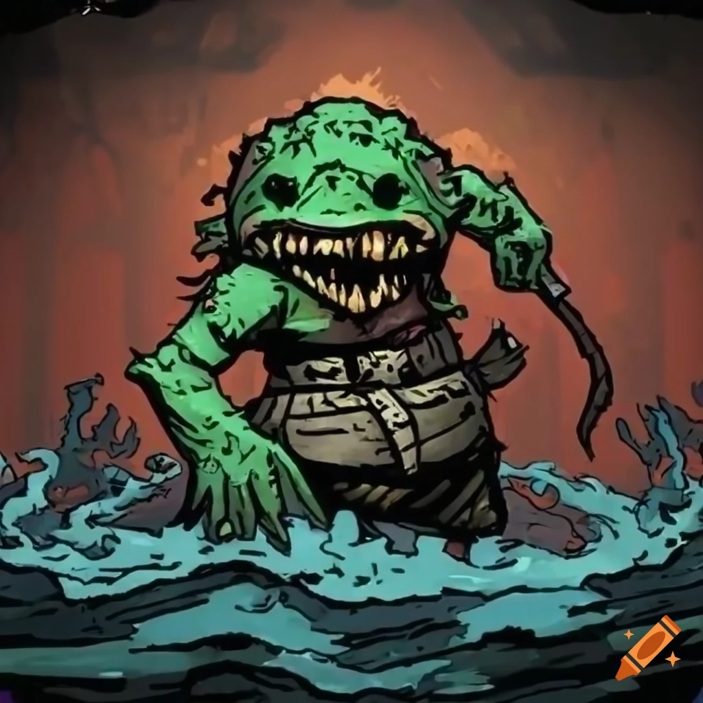 Darkest Dungeon Kappa monster in water with big eyes and teeth on Craiyon