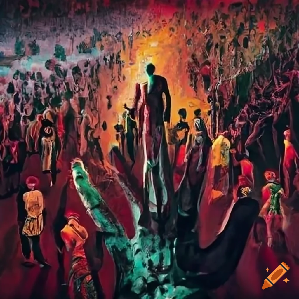 Large-scale social upheaval with determined crowd amidst destruction on ...