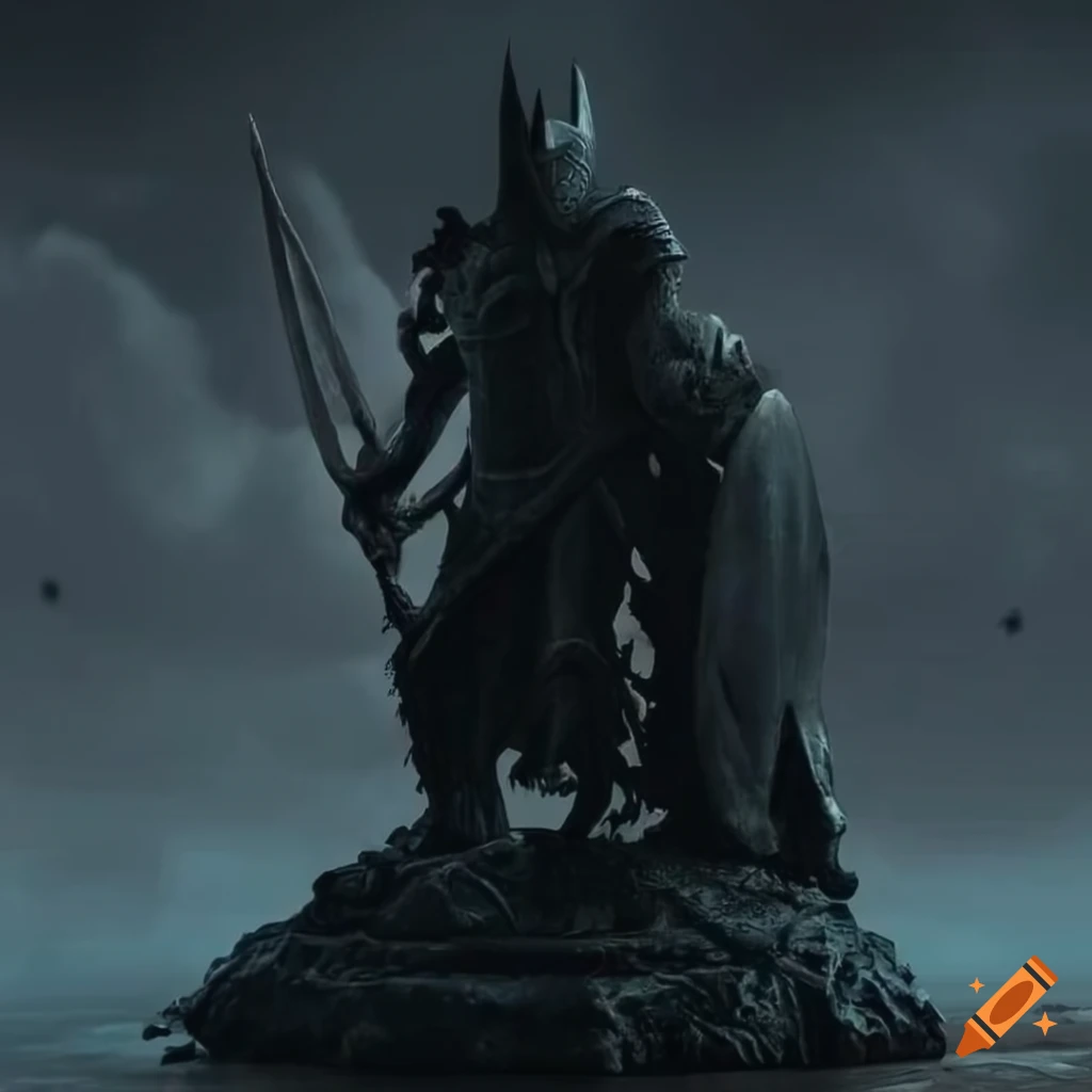 Statue of evil knight in a dark desert of stones on Craiyon