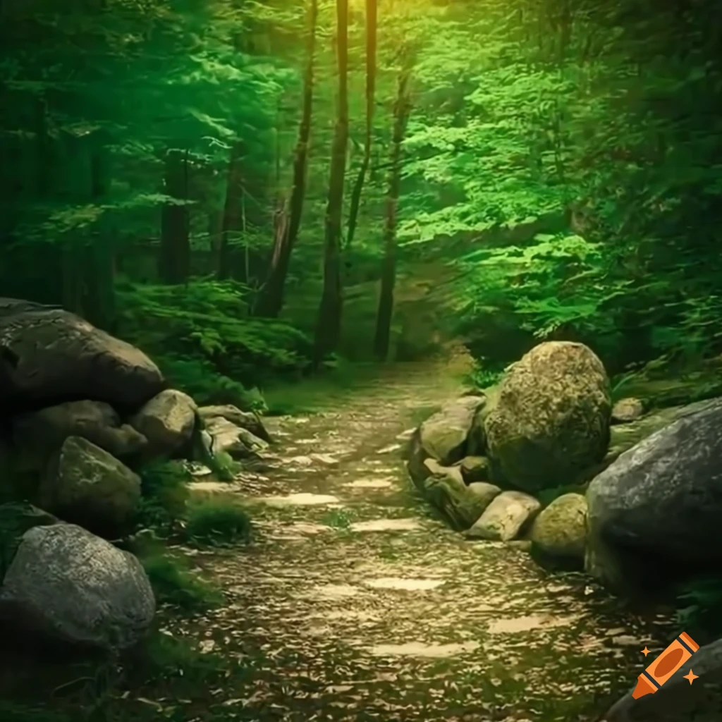 Stone path through flower meadow leading to forest in daylight on Craiyon