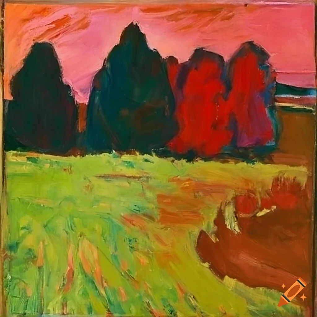 Wisconsin landscape in summertime with trees in mauve pink tones on Craiyon