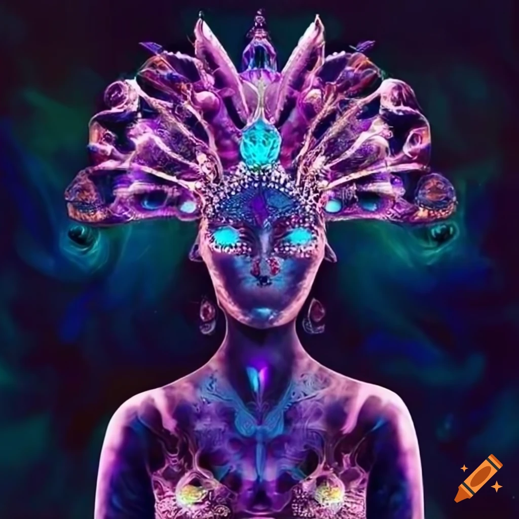 Elegant alien queen with gem-encrusted glowing headdress on Craiyon