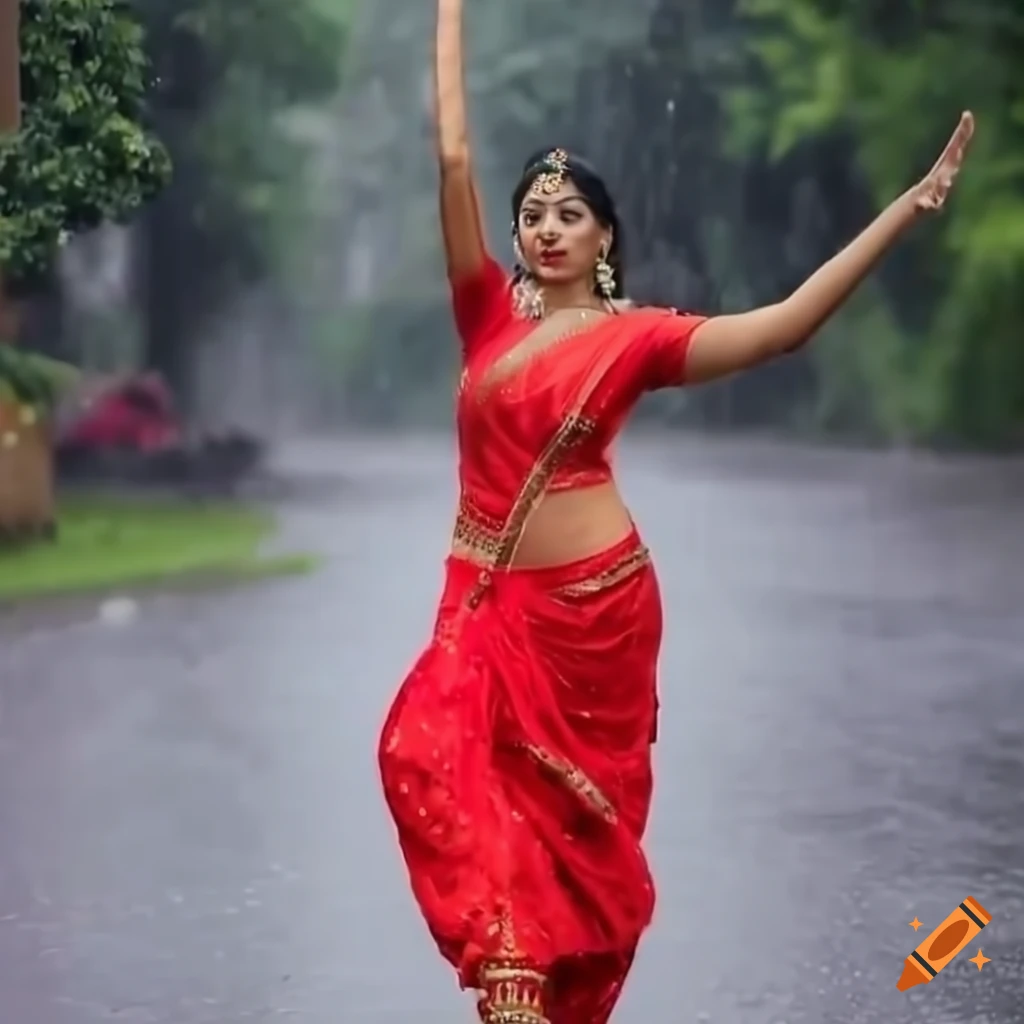 Indian lady in a saree dancing on a rainy road on Craiyon