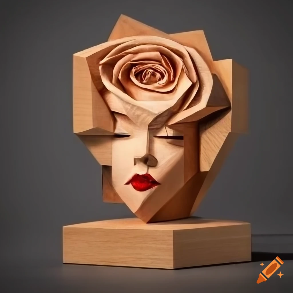 Cubism wooden sculpture of a rose flower with a Marilyn Monroe face on ...