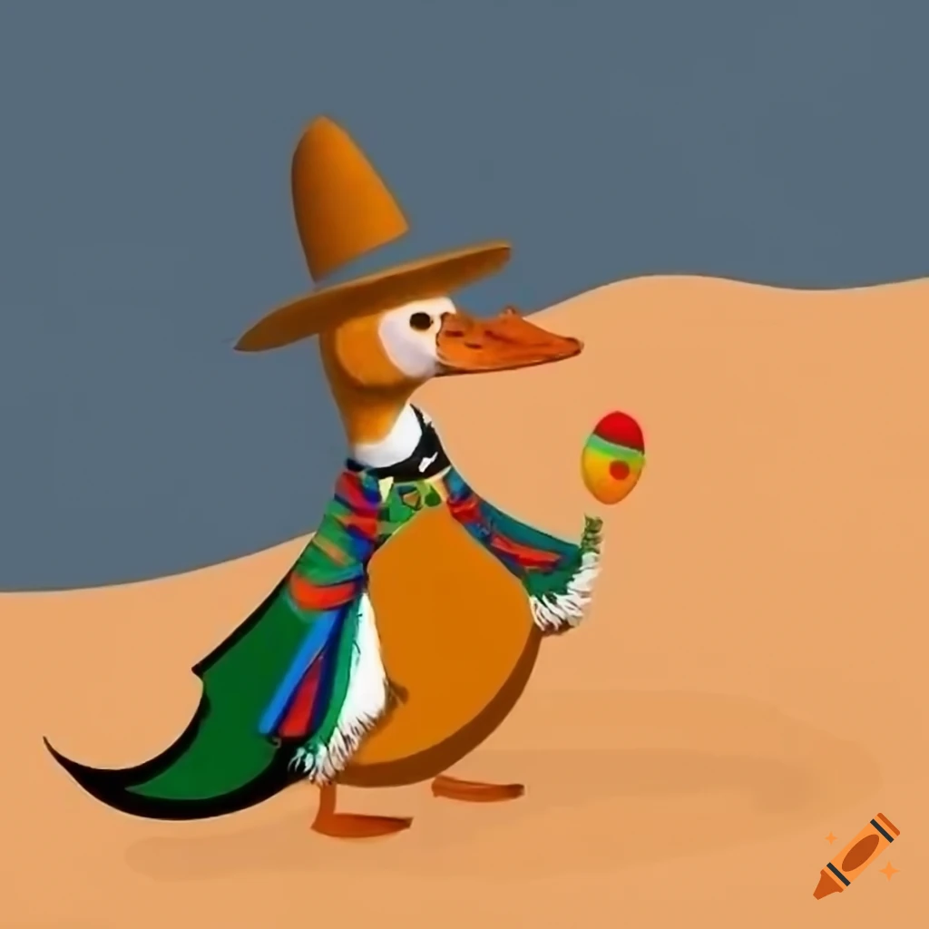 Duck with mustache in poncho and sombrero playing maracas in the desert ...