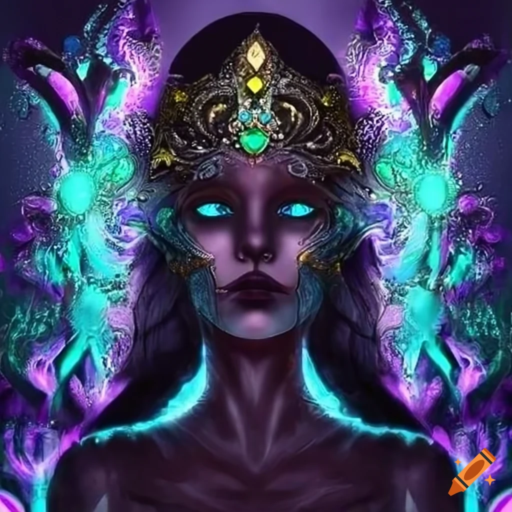 Elegant alien queen with gem-encrusted glowing headdress on Craiyon