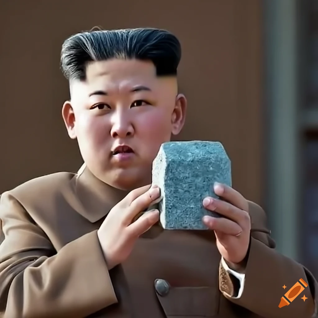Kim Jong Un holding a stone cube in a village setting on Craiyon