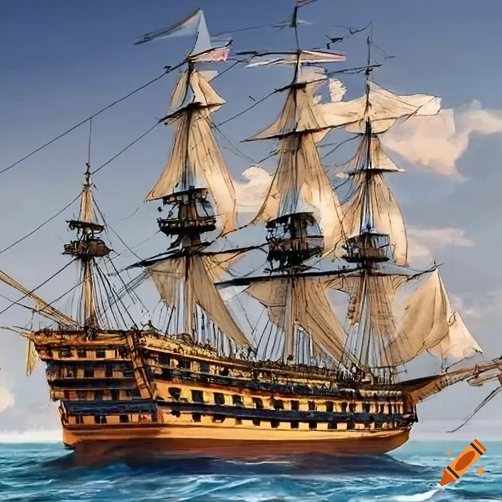 Side view of a first-rate frigate with over 150 cannons on Craiyon