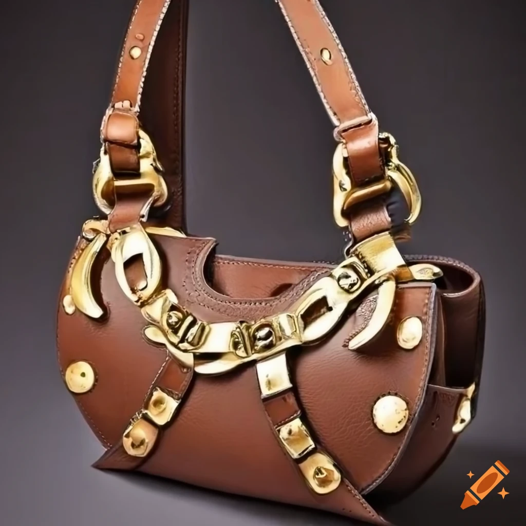 Brown leather handbag with gold embellishments and buckles on Craiyon