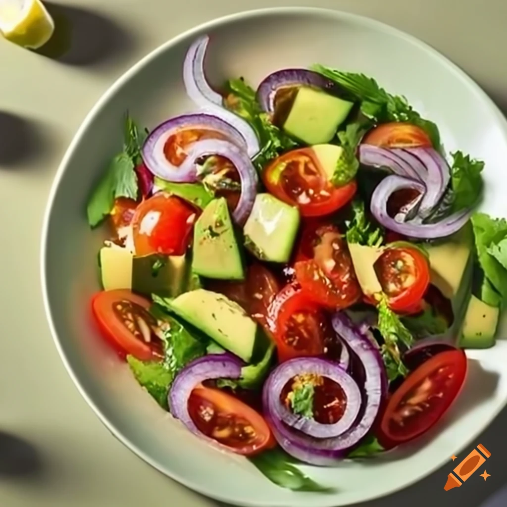 Vibrant salad with tomatoes, avocado, red onion, garlic, cilantro, salt ...