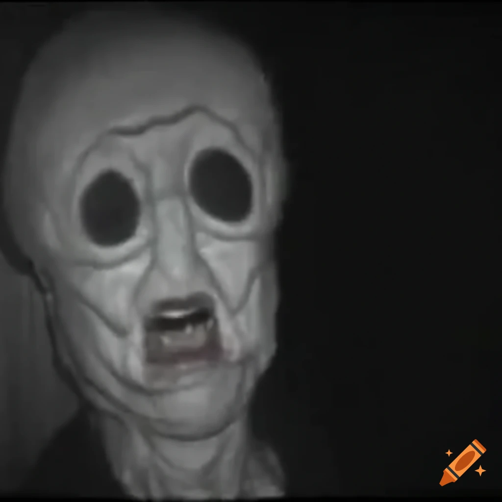 Vhs footage of a spooky uncanny man with stretched, elongated face at ...