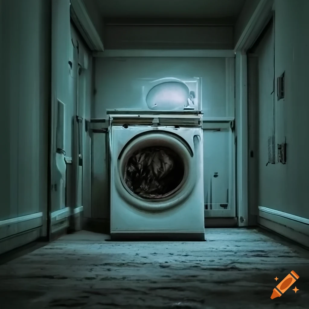 Creepy washing machine in a dimly lit hallway on Craiyon