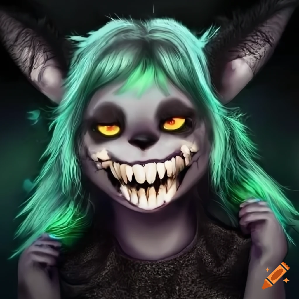 Furry girl with black fur, yellow eyes, and green hair with sharp teeth ...