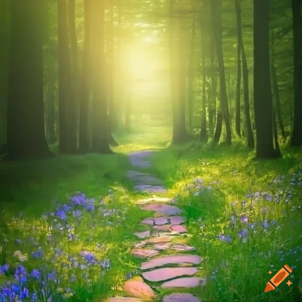 Stone path through flower meadow leading to a forest in daylight on Craiyon