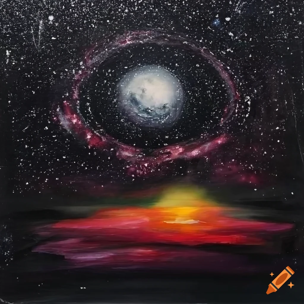 Figure gazing at a night sky with stars and distant galaxy explosion in acrylic painting on Craiyon