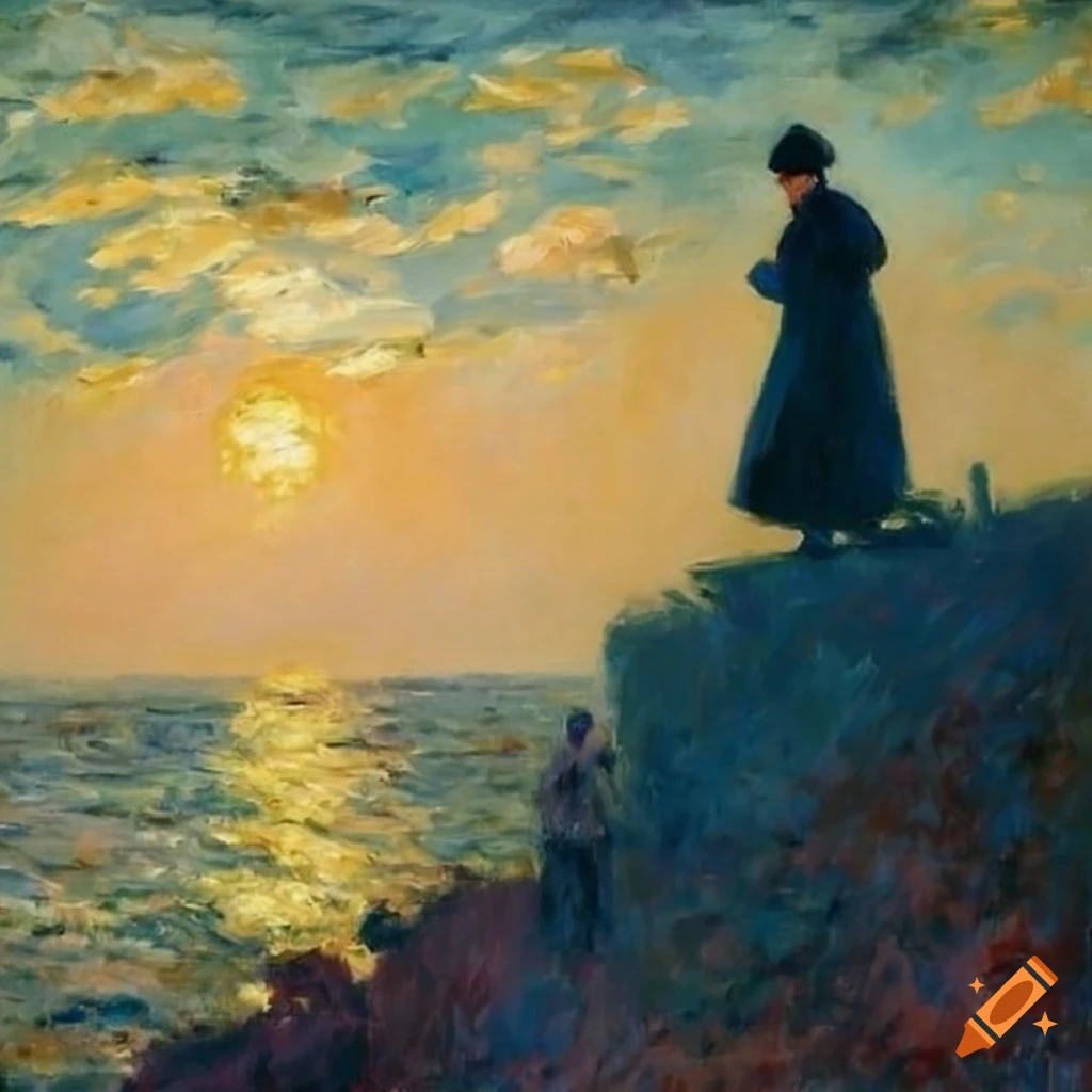 Claude Monet painting of a man looking up at a stormy summer sky from a ...