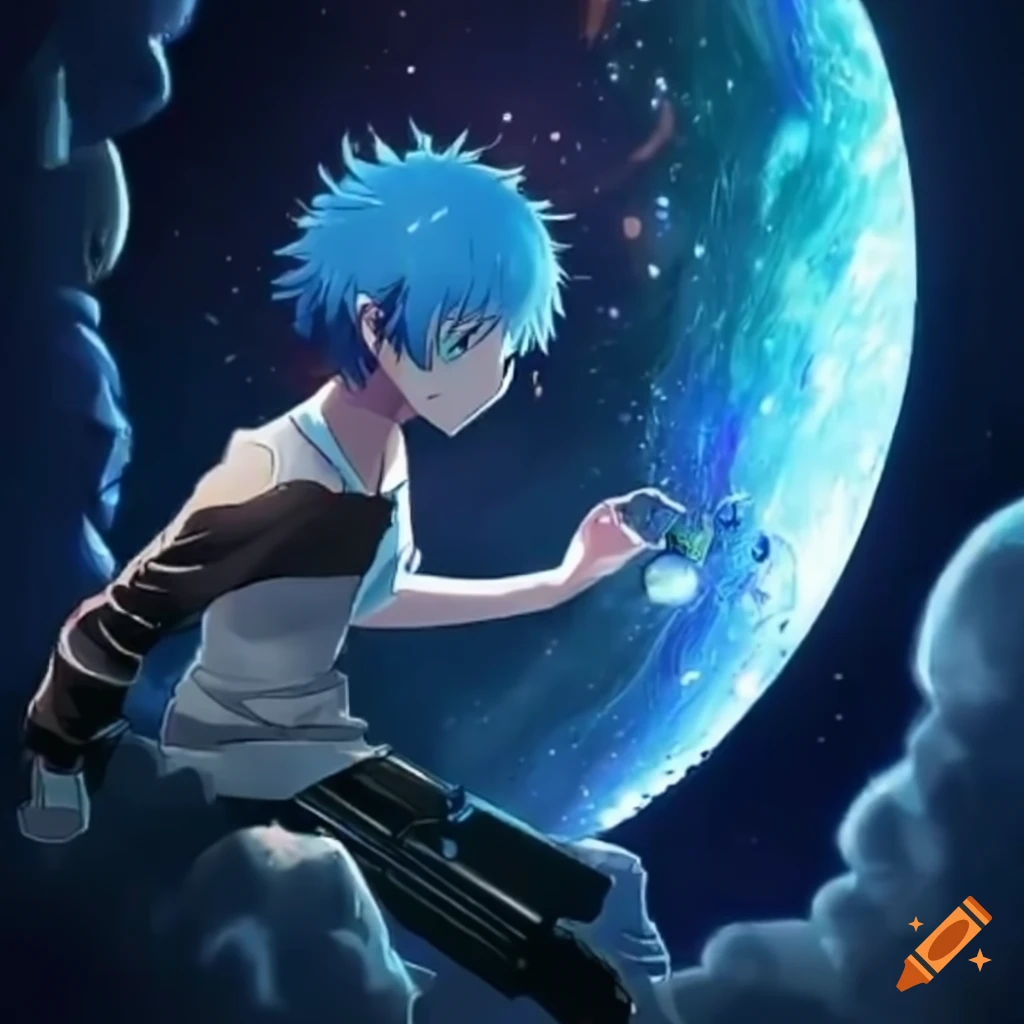 Anime boy manipulating planets in a magical collision on Craiyon