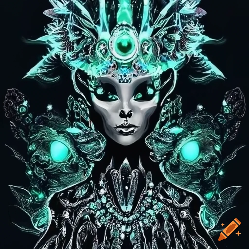 Elegant alien queen with gem-encrusted glowing headdress on Craiyon