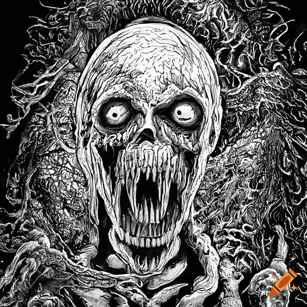 Intricate black and white ink drawing of a ghostly figure on Craiyon